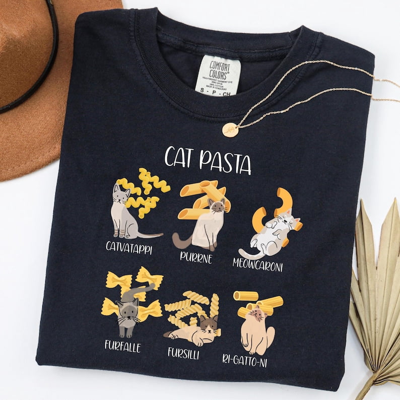 Cat Pasta Shirt, Pasta Shapes Cat Graphic Illustration Wordplay Design ...