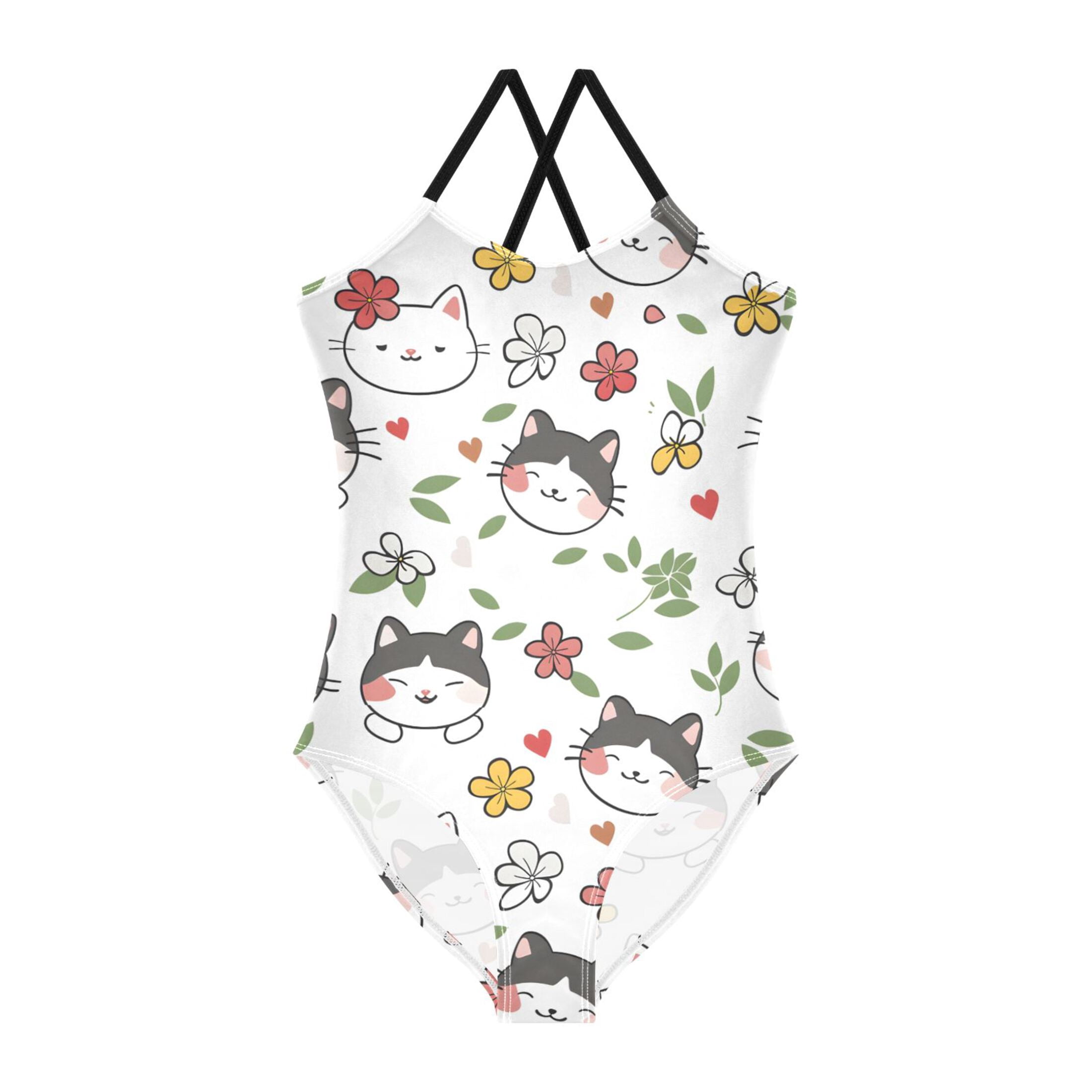 Cat Pattern Girls' One-Piece Swimwear 3T-10T Soft Stretchy for Beach ...