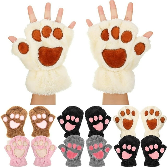 Cat Paw Gloves Cute Kitten Furry Paws Costume Winter Fingerless Mitten ...