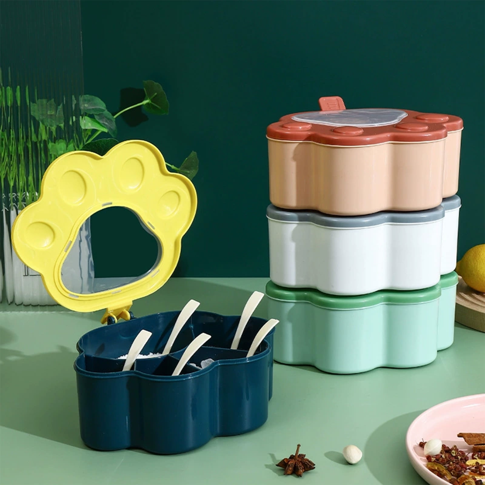 Cat Paw Kitchen Seasoning Set Box, 5 Compartments, Anti-spilling, Soot ...