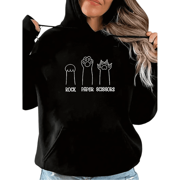 Cat Paw Rock Paper Scissors Print Hoodie Graphic Sweatshirt Black S-2XL ...
