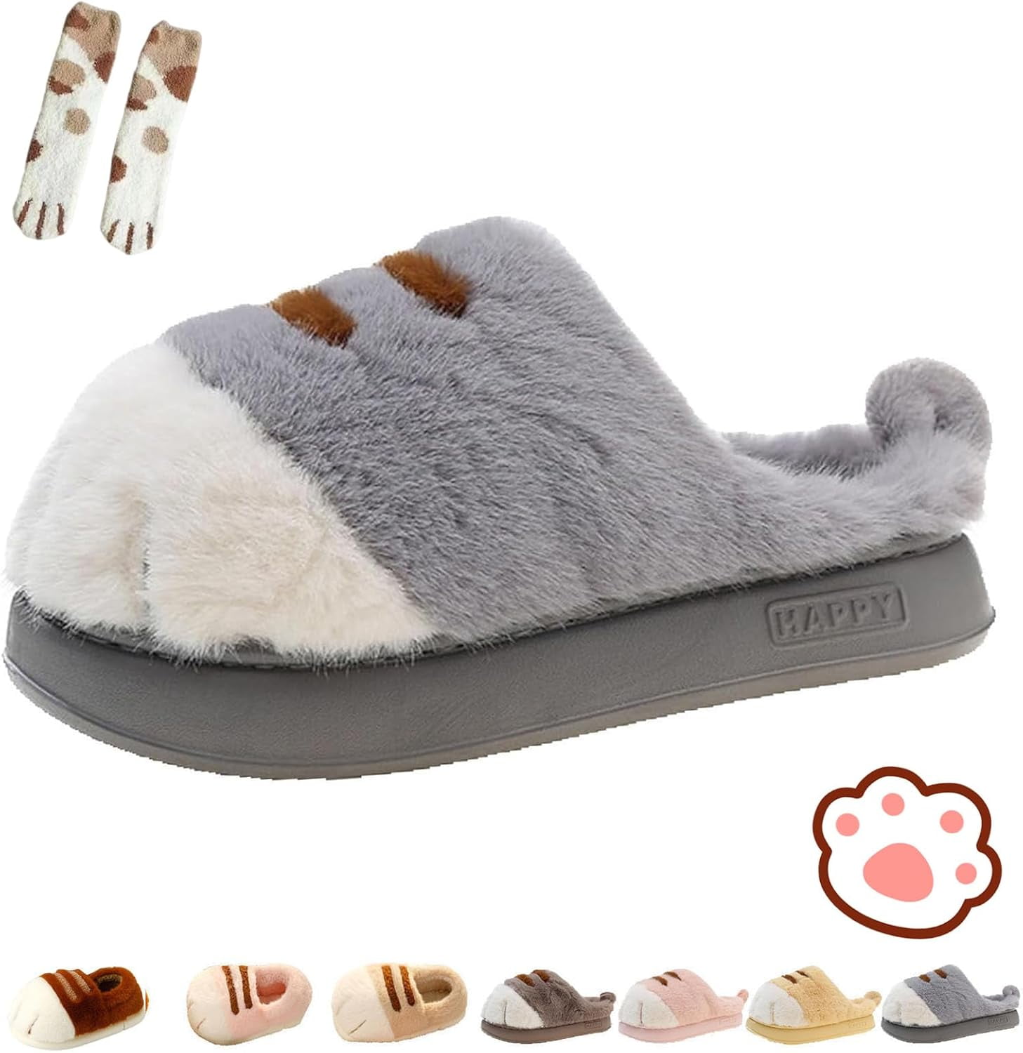 Cat Paw Slippers, 3D Cat Paw Cartoon Slipper for Women, Warm Fluffy ...