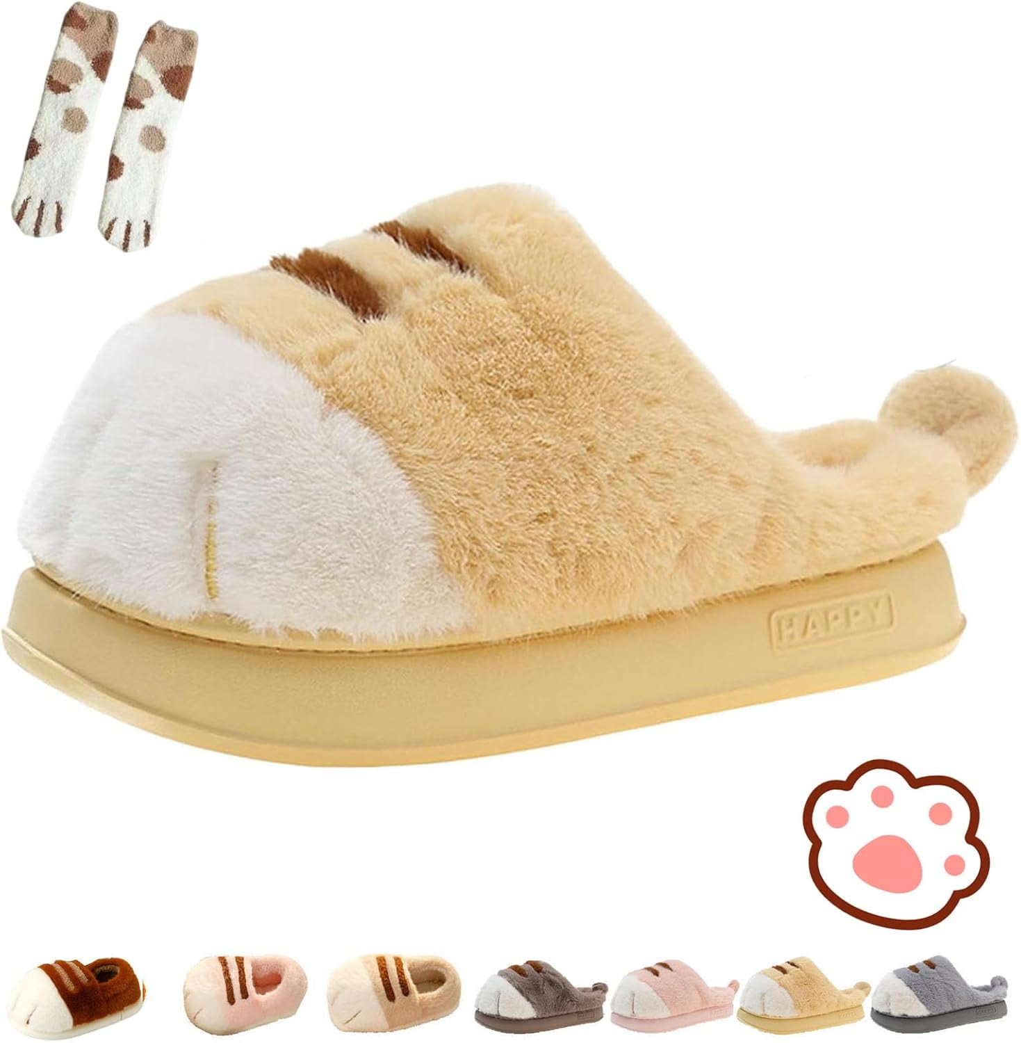 Cat Paw Slippers, 3D Cat Paw Cartoon Slipper for Women, Warm Fluffy ...