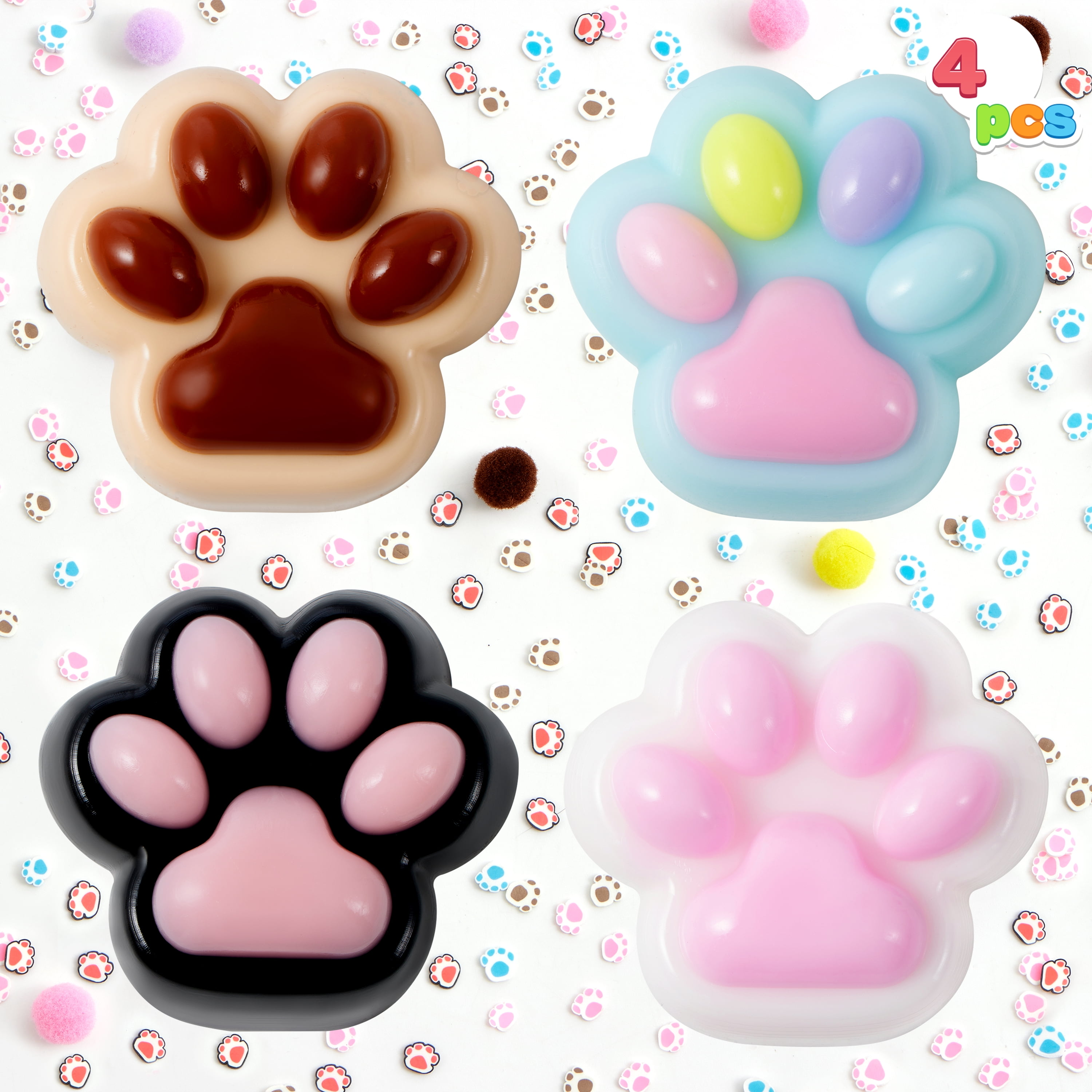 Joyfy 4 Pcs Cat Paw Squishy Toys, Soft Stress Relief Fidget Keychain ...