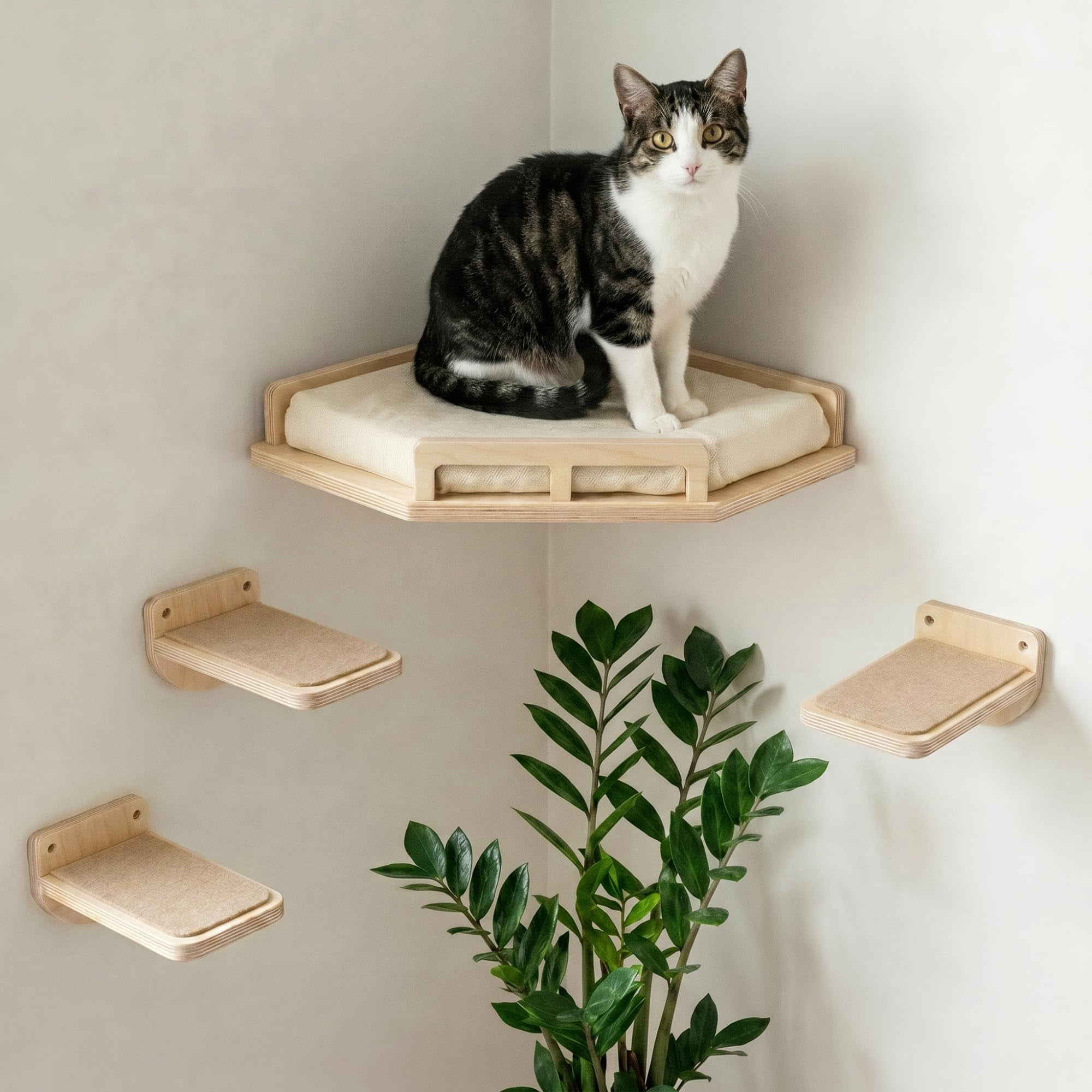 Cat Perch Natural Wood 3 Step Wall Mounted Climbing Furniture for Cats ...