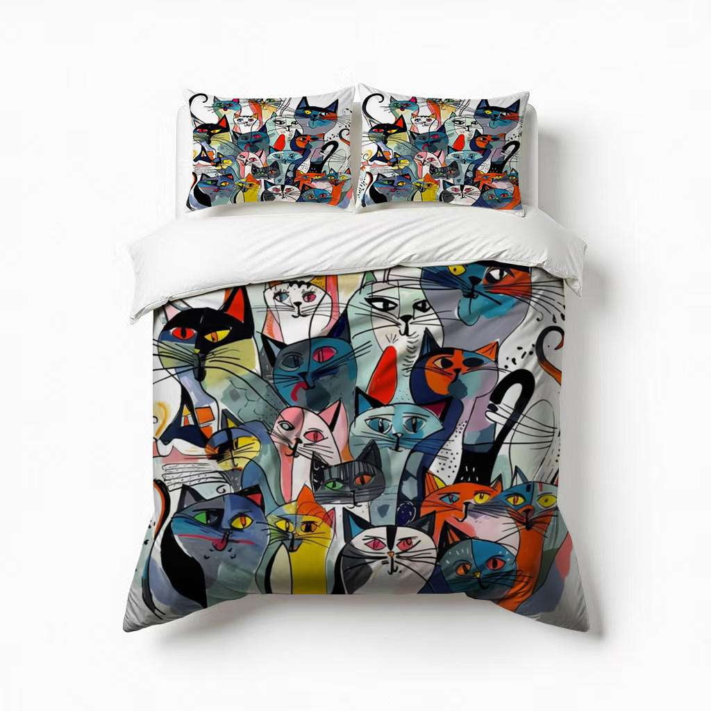 Cat Pictures Doodle Style Bedding Set 3 Pcs Soft Microfiber Quilt Cover ...