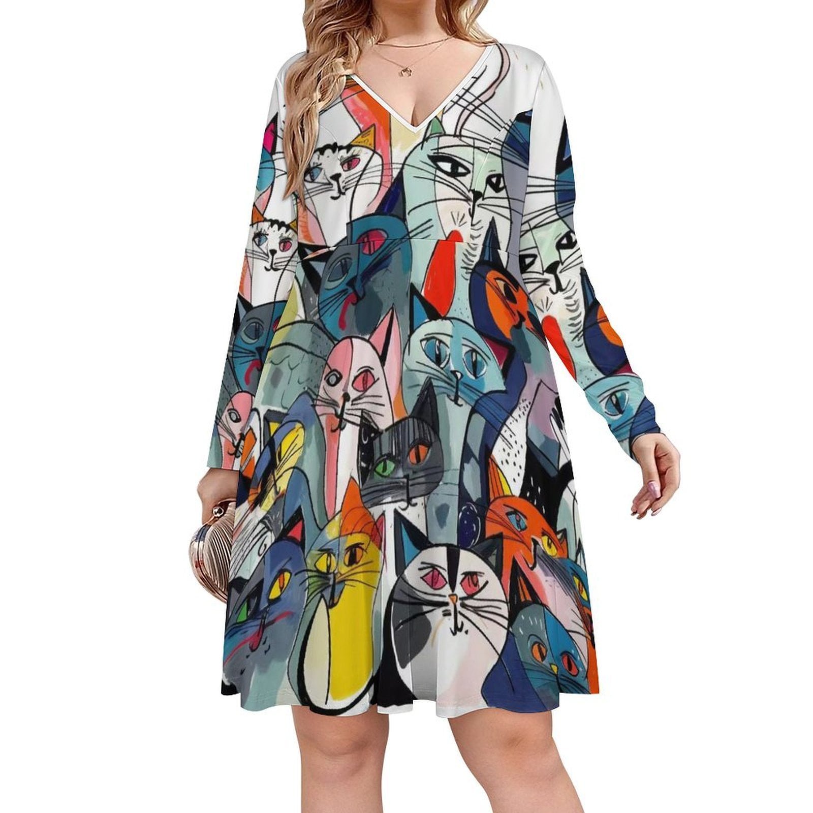 Cat Pictures Doodle Style Long Sleeve Dresses For Women Vintage Elegant ...