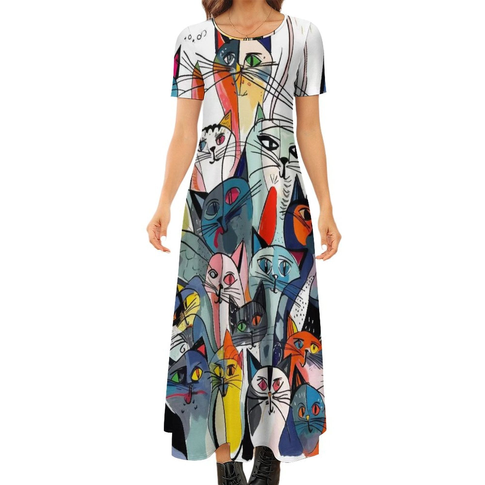 Cat Pictures Doodle Style Maxi Dress for Women Crew Neck Beach Dress ...