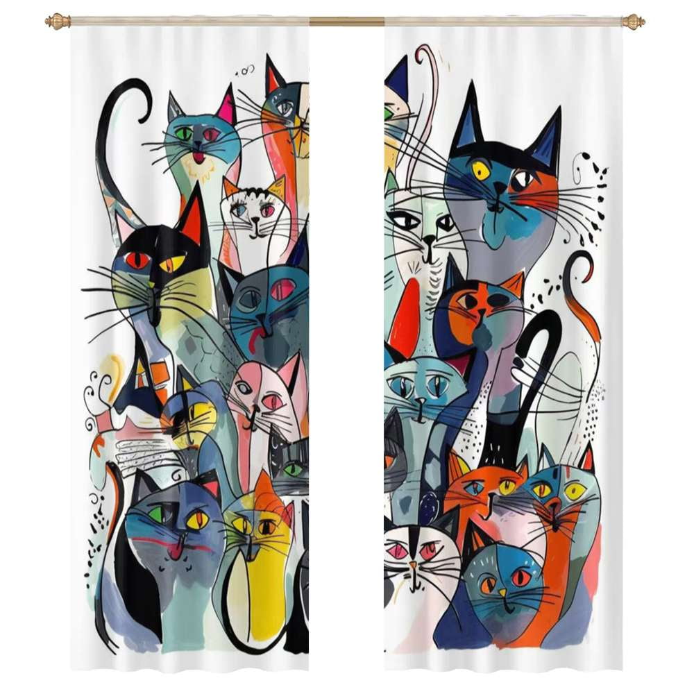 Cat Pictures Doodle Style Sheer Window Curtains for Living Room Kitchen ...