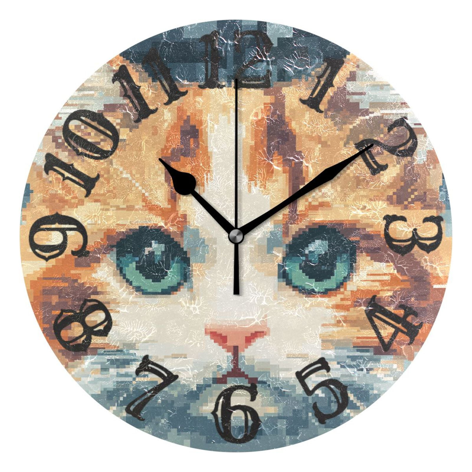 Cat Pixel Wall Clock 10 inch Non-Ticking Easy to Read Decorative Clocks ...