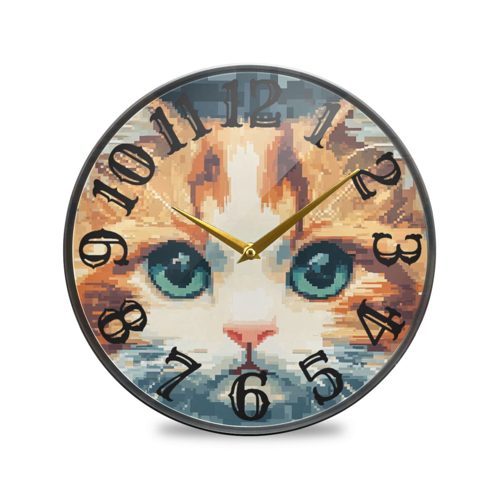 Cat Pixel Wall Clock 12 Inch Silent Non Ticking Battery Operated Easy ...