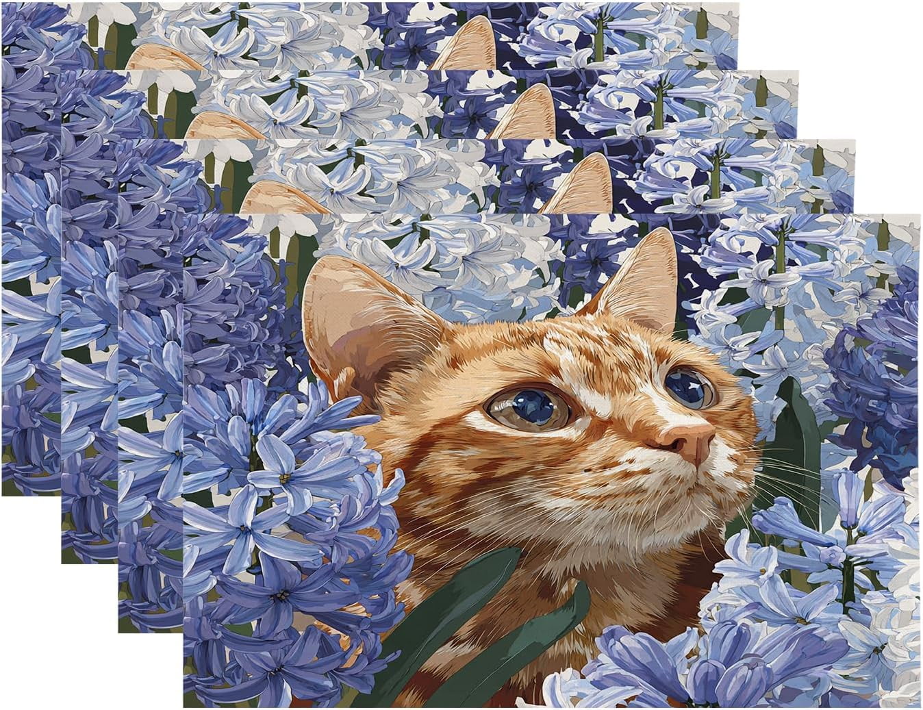 Cat Placemats, Orange Cat in Blue Flowers Place Mats for Dining/Kitchen ...