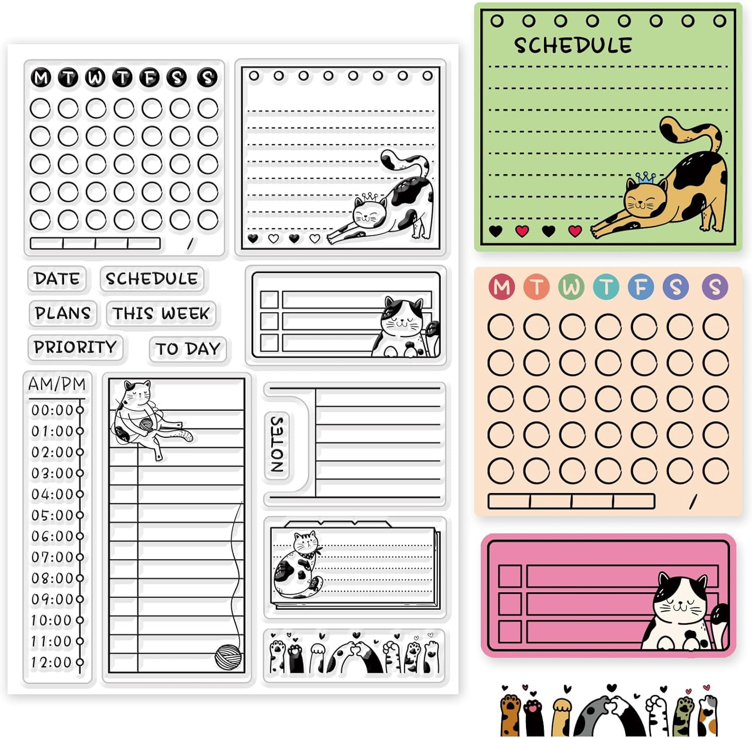 Cat Planner Clear Stamps for Card Making 6.3x4.3 Reusable Date Week ...