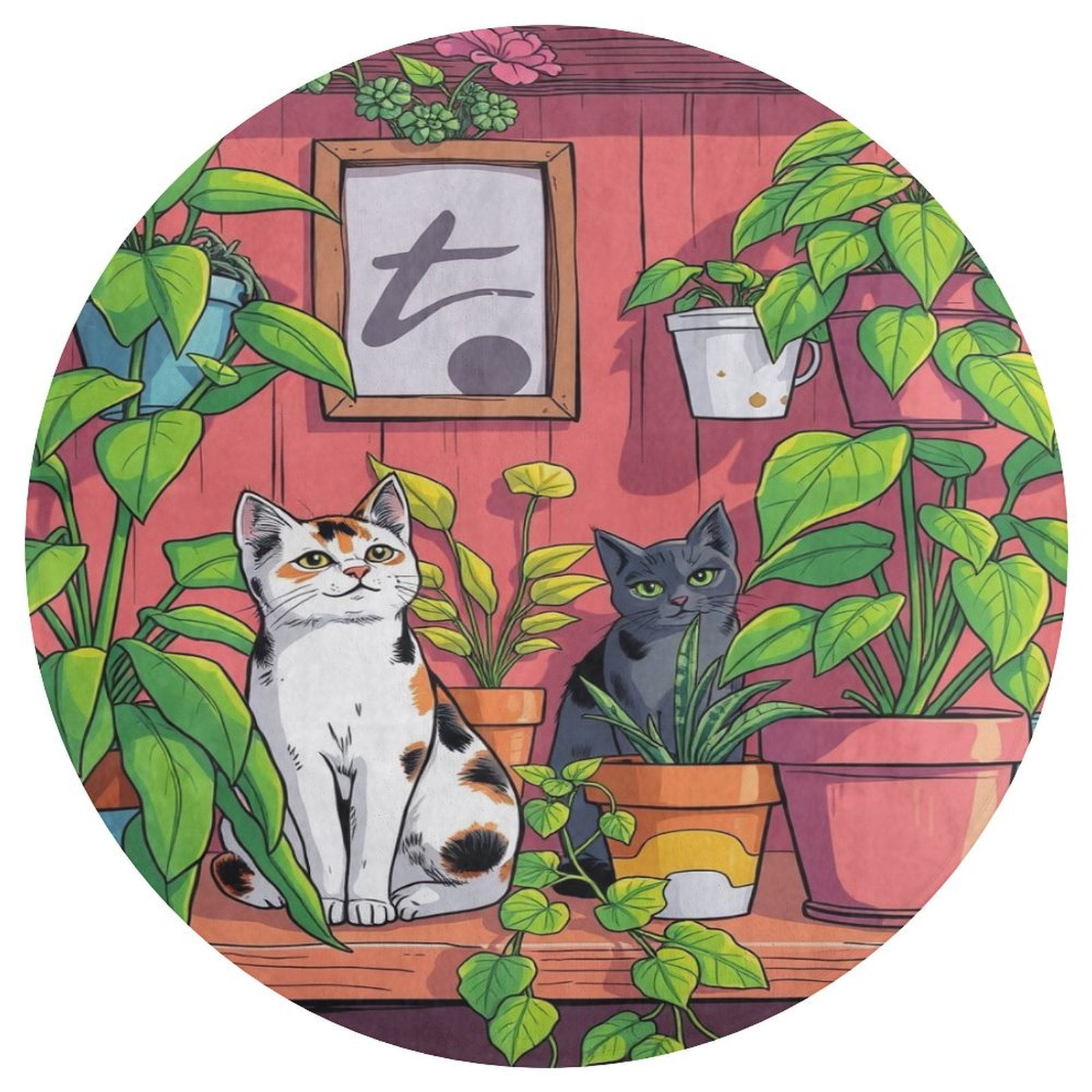 The Cat on The Plant Rack Round Area Rug Floor Carpets Washable Indoor ...