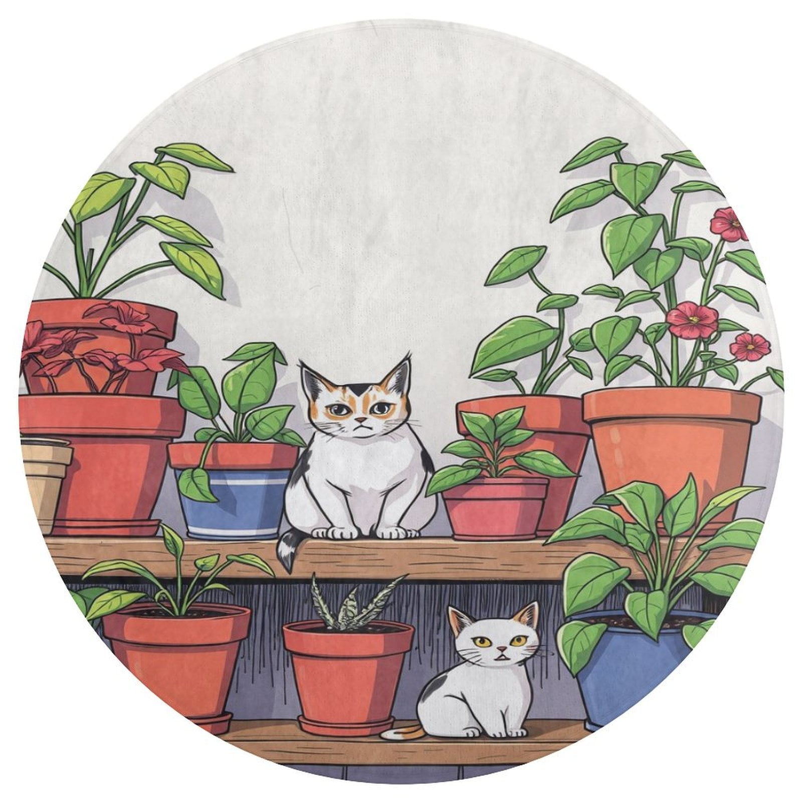 The Cat on The Plant Rack Round Area Rug Floor Carpets Washable Indoor ...