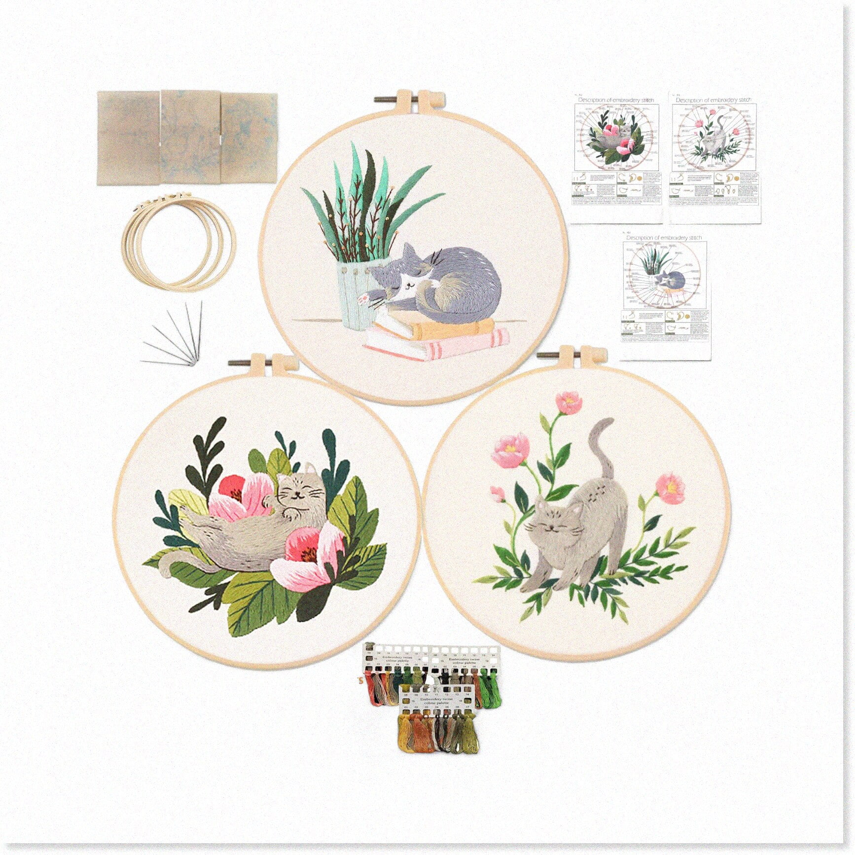 Cat & Plant Stitchery Set: 3 Beginner Embroidery Kits with Hoops ...