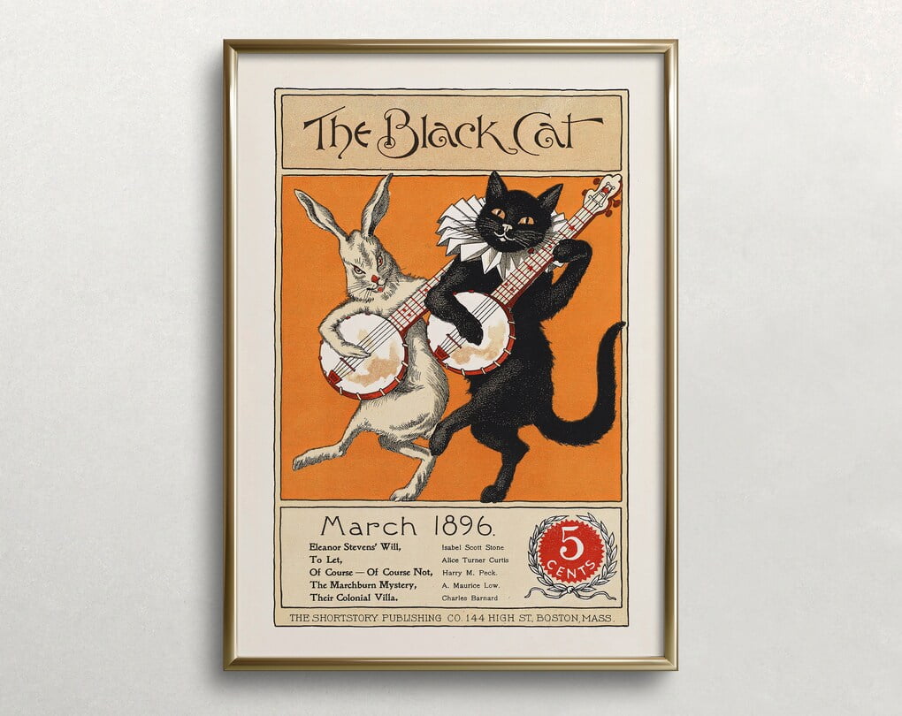 Cat Playing Banjo, Vintage Wall Art, Black Cat Wall Art, Cat And Rabbit ...