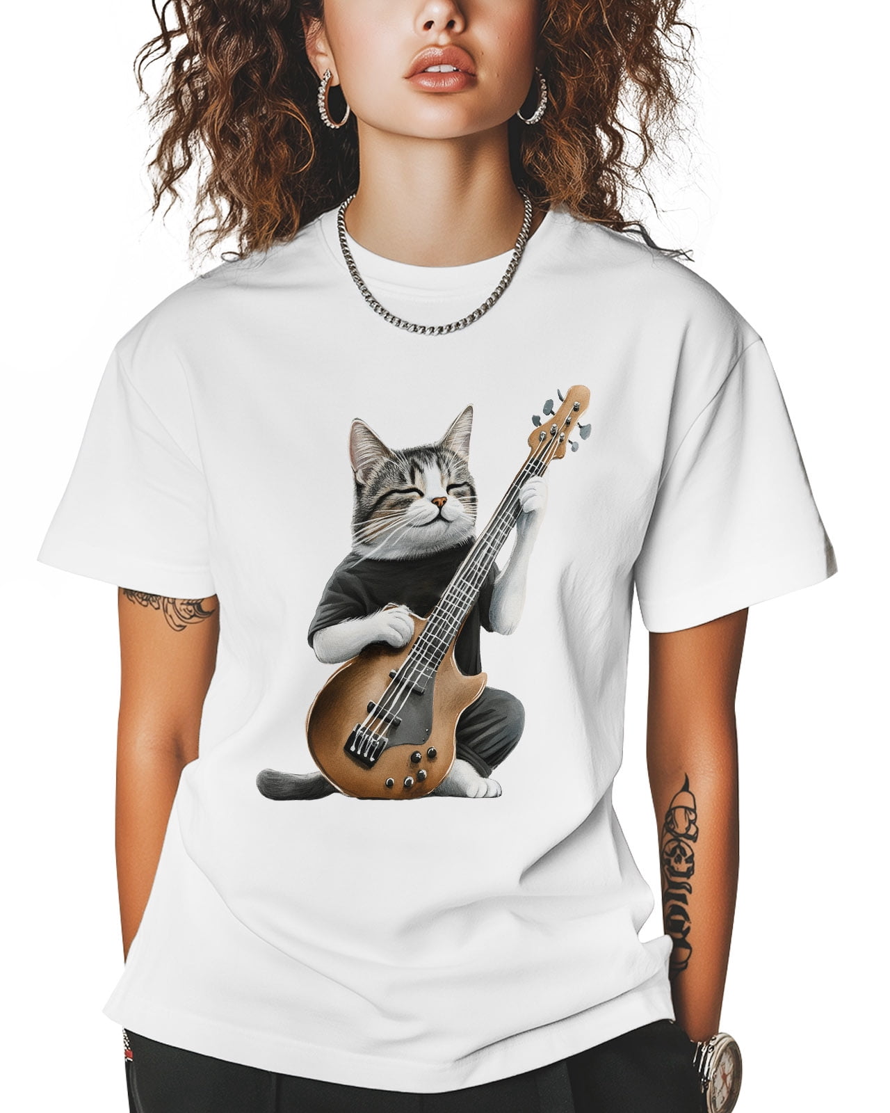 Cat Playing Bass T Shirts for Women Short Sleeve Cotton Crewneck T ...