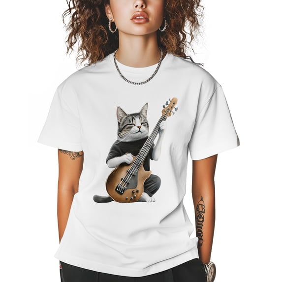 Cat Playing Bass T Shirts for Women Short Sleeve Cotton Crewneck T ...