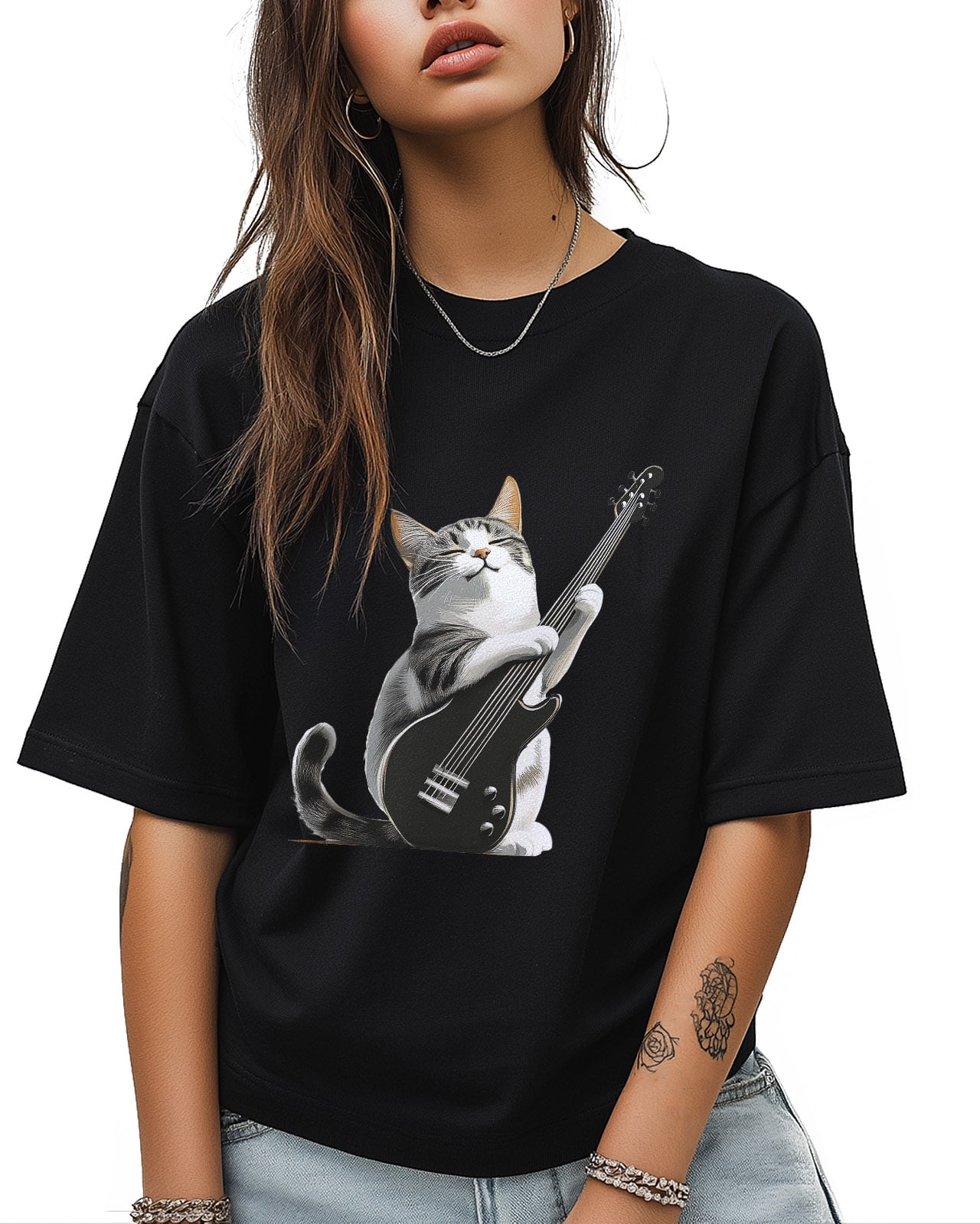 Cat Playing Bass T Shirts for Women Short Sleeve Cotton Crewneck T ...
