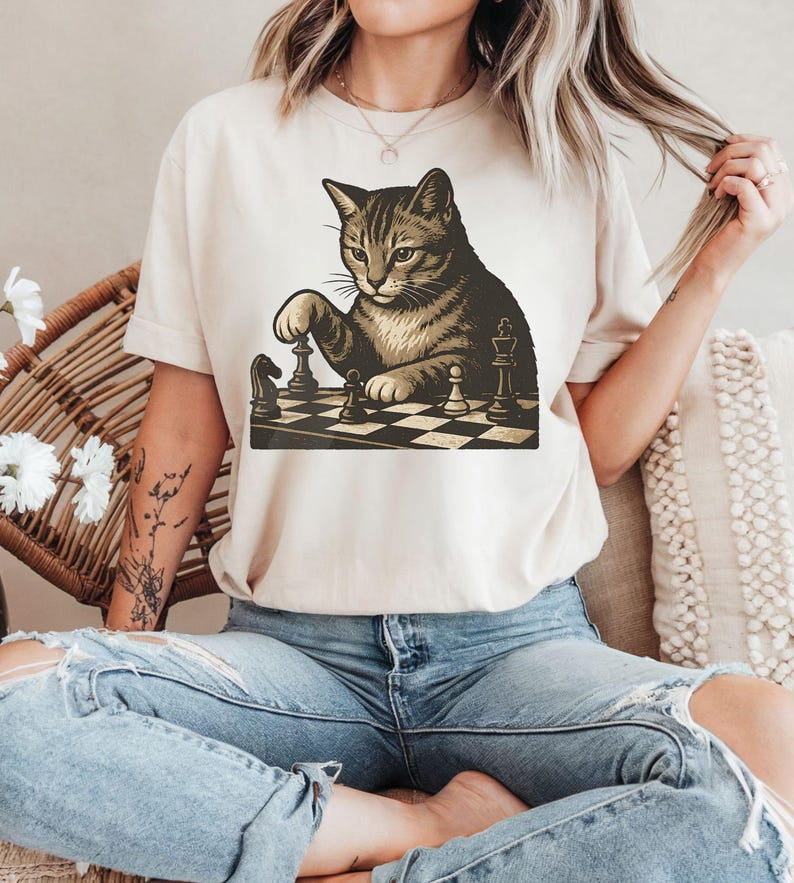 Cat Playing Chess Unisex Garment-Dyed T-shirt, Chess Lover Graphic Tee ...