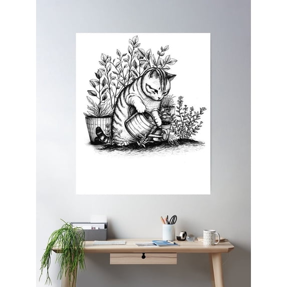 Cat Playing Gardening Garden Gardener Plants Poster Wall Art Modern ...