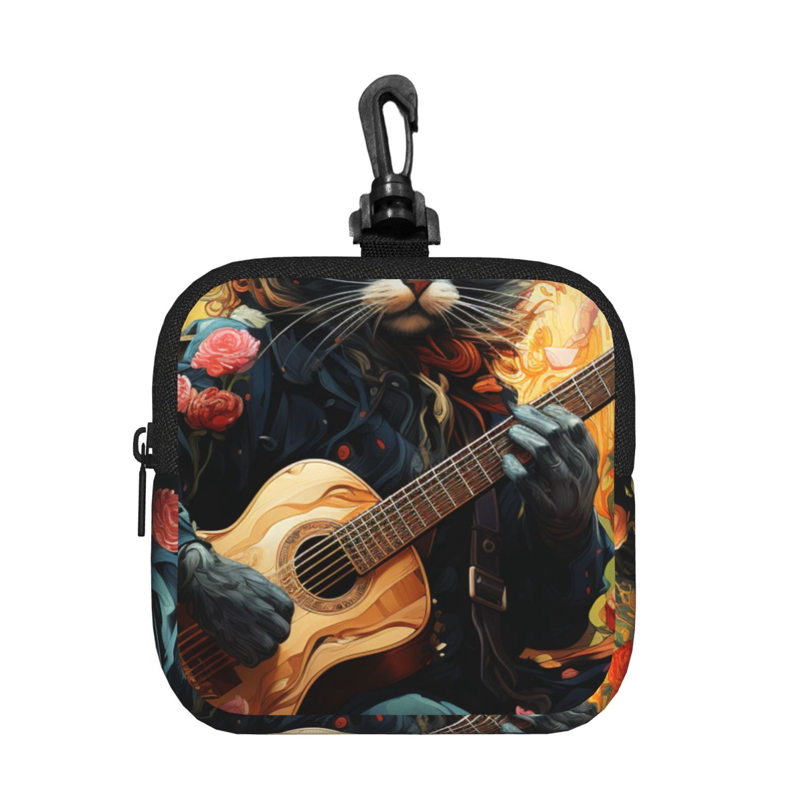 Cat Playing Guitar Flowers Art Square Gear Pouch with Lobster Clasp ...