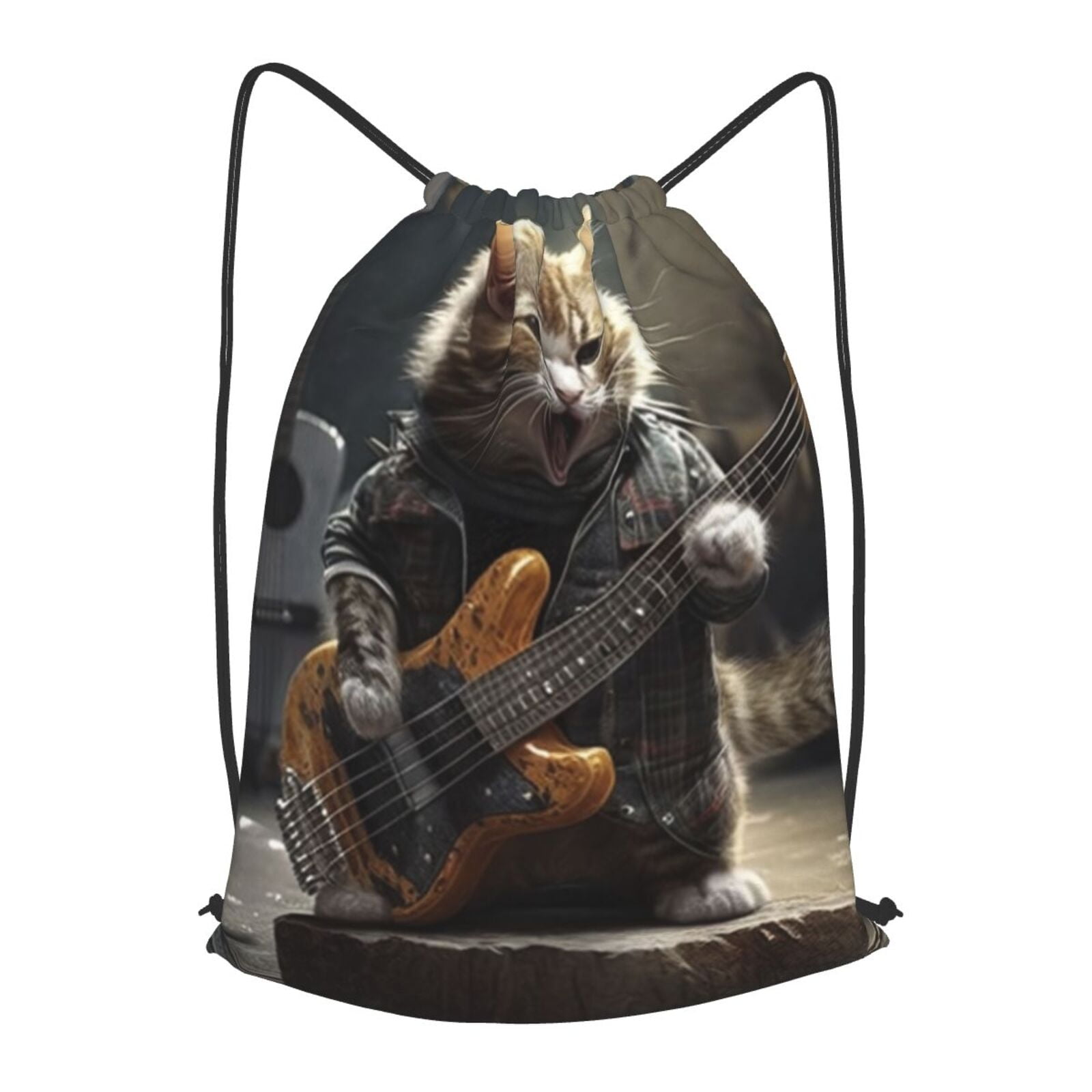 Cat Playing Guitar Rock Music Drawstring Backpack Gym String Bag Sports ...