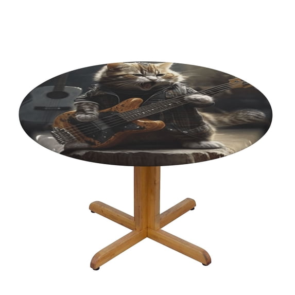 Cat Playing Guitar Rock Music Fitted Round Tablecloth 130cm with ...