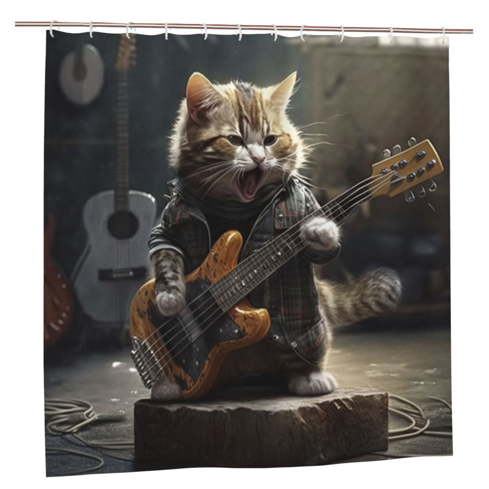 Cat Playing Guitar Rock Music Shower Curtain with 12 Plastic Hooks ...