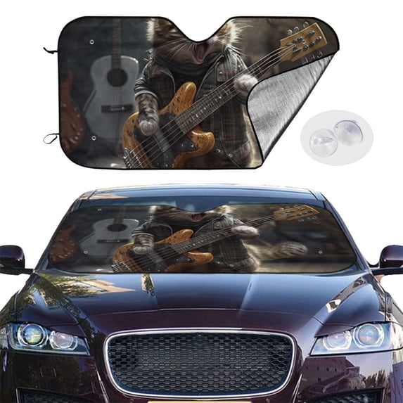 Cat Playing Guitar Rock Music Windshield Sunshade Sun Shade Front ...