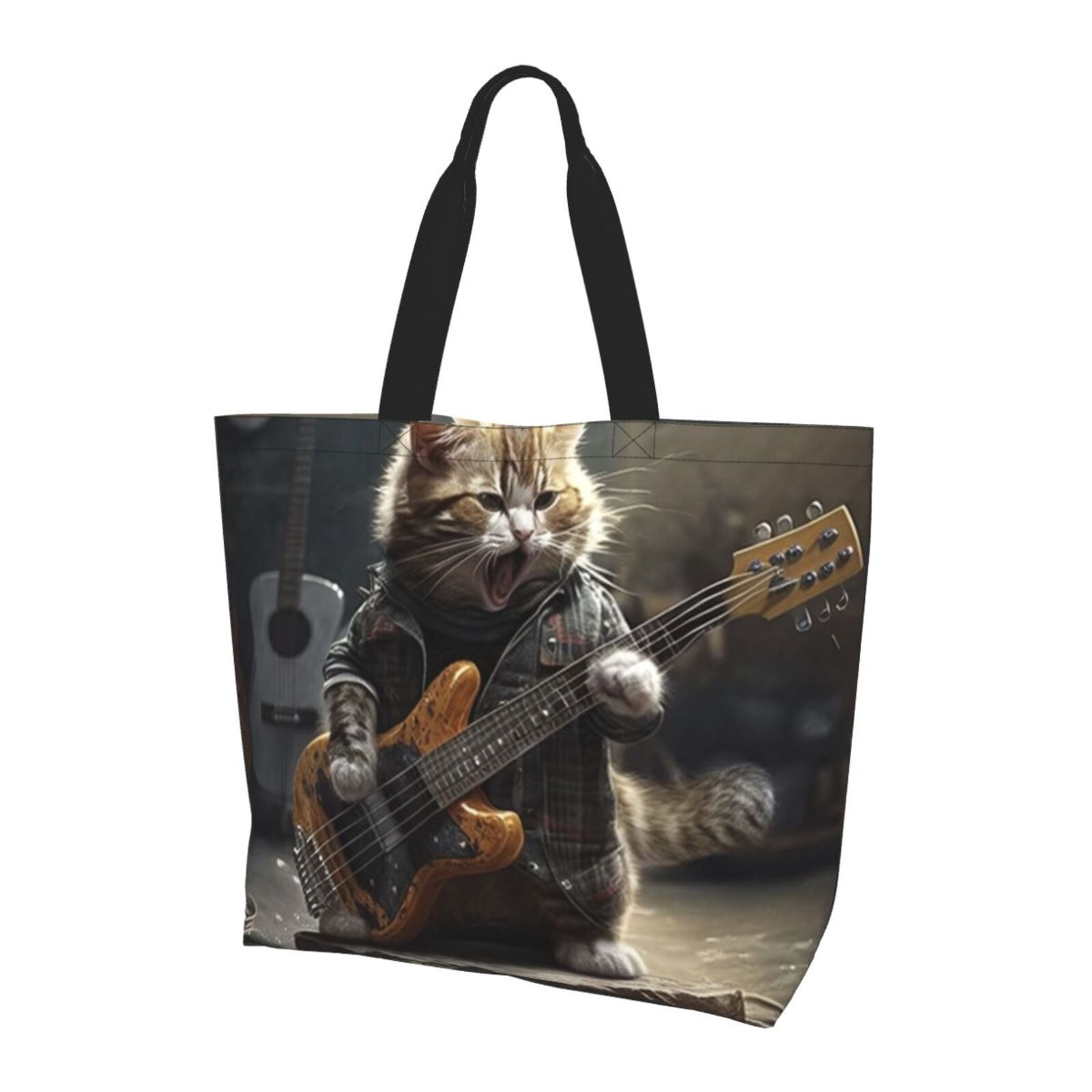 Cat Playing Guitar Rock Music Women Reusable Bag Large Shoulder Handbag ...