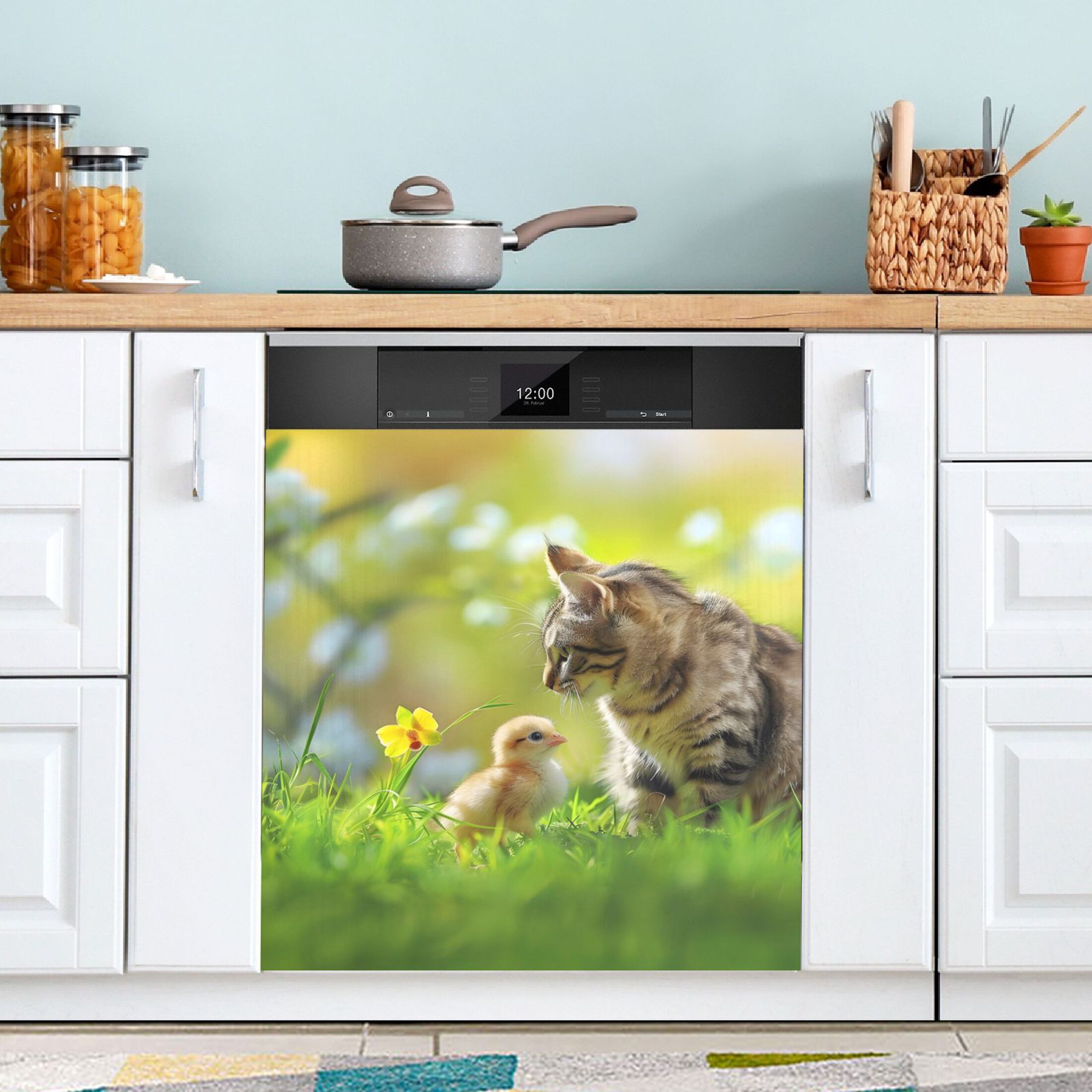 Cat Playing with Chick on Lawn Dishwasher Magnet Refrigerator Magnetic ...