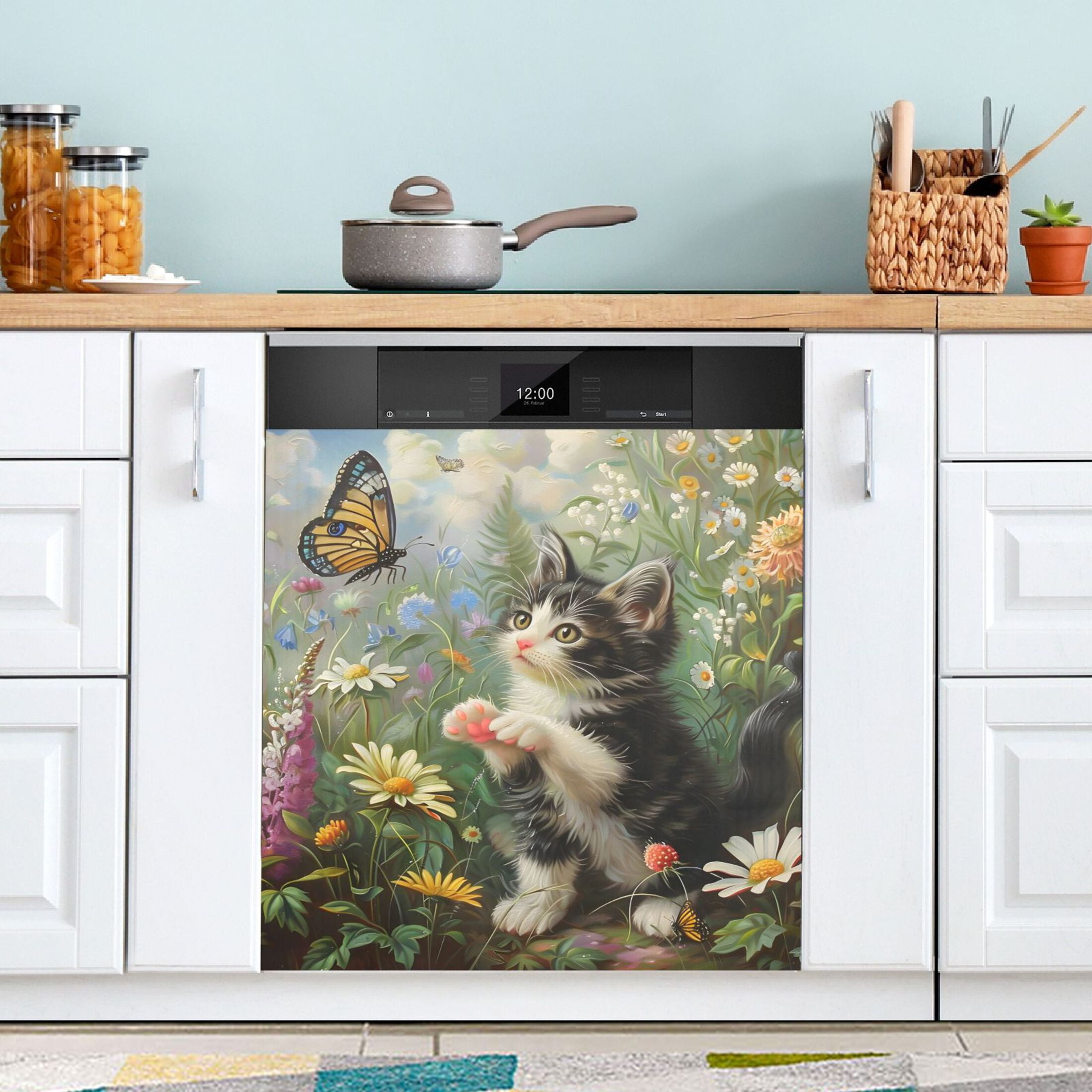 Cat Plays with Butterfly Florals Leaves Dishwasher Magnet Refrigerator ...