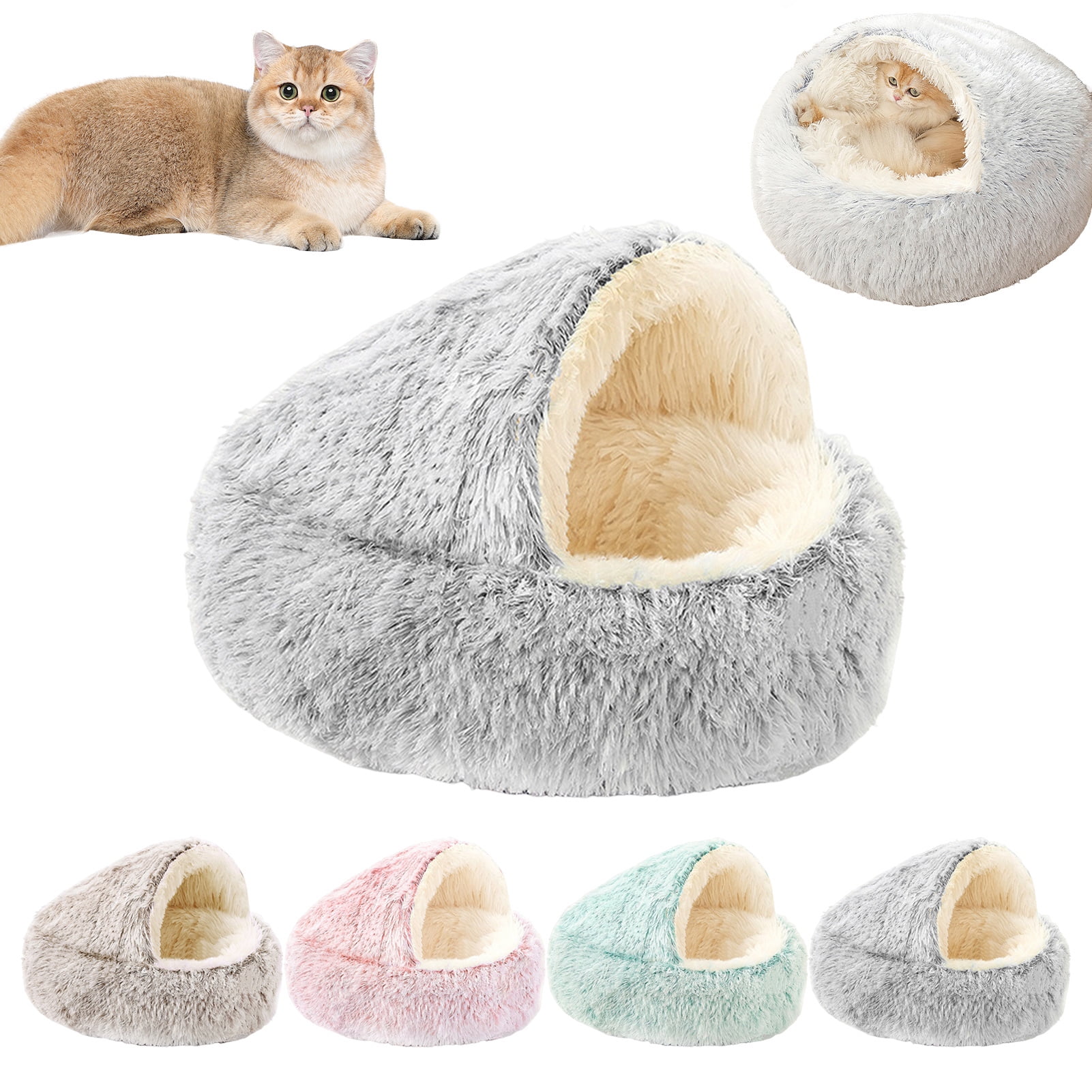 Cat Plush Bed Faux Fur Fluffy Hooded Calming Cat Bed Cave Winter Cozy ...