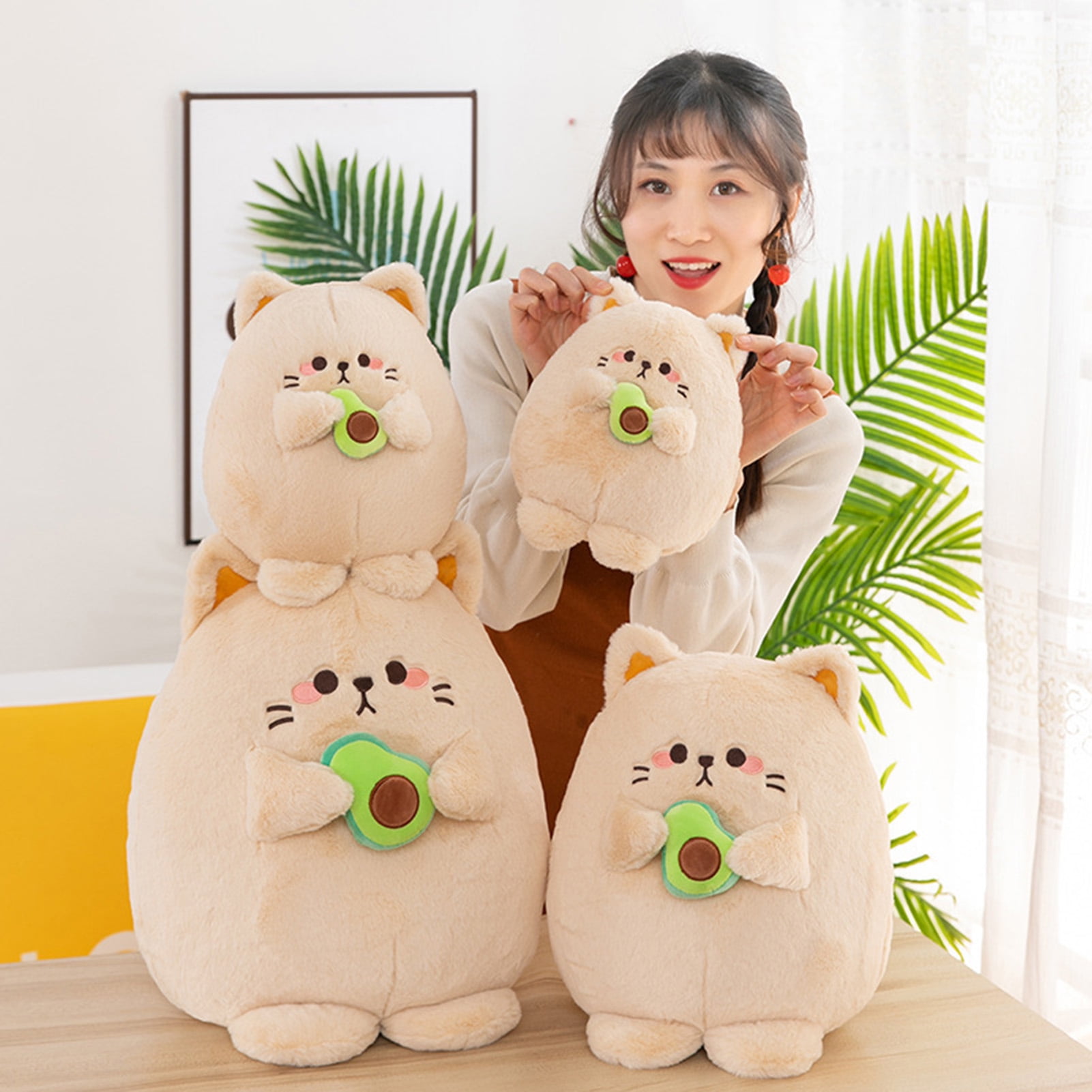 Cat Plush Toy Fat Face Kitten Doll Hold Avocado Plushie Soft Pillow ...