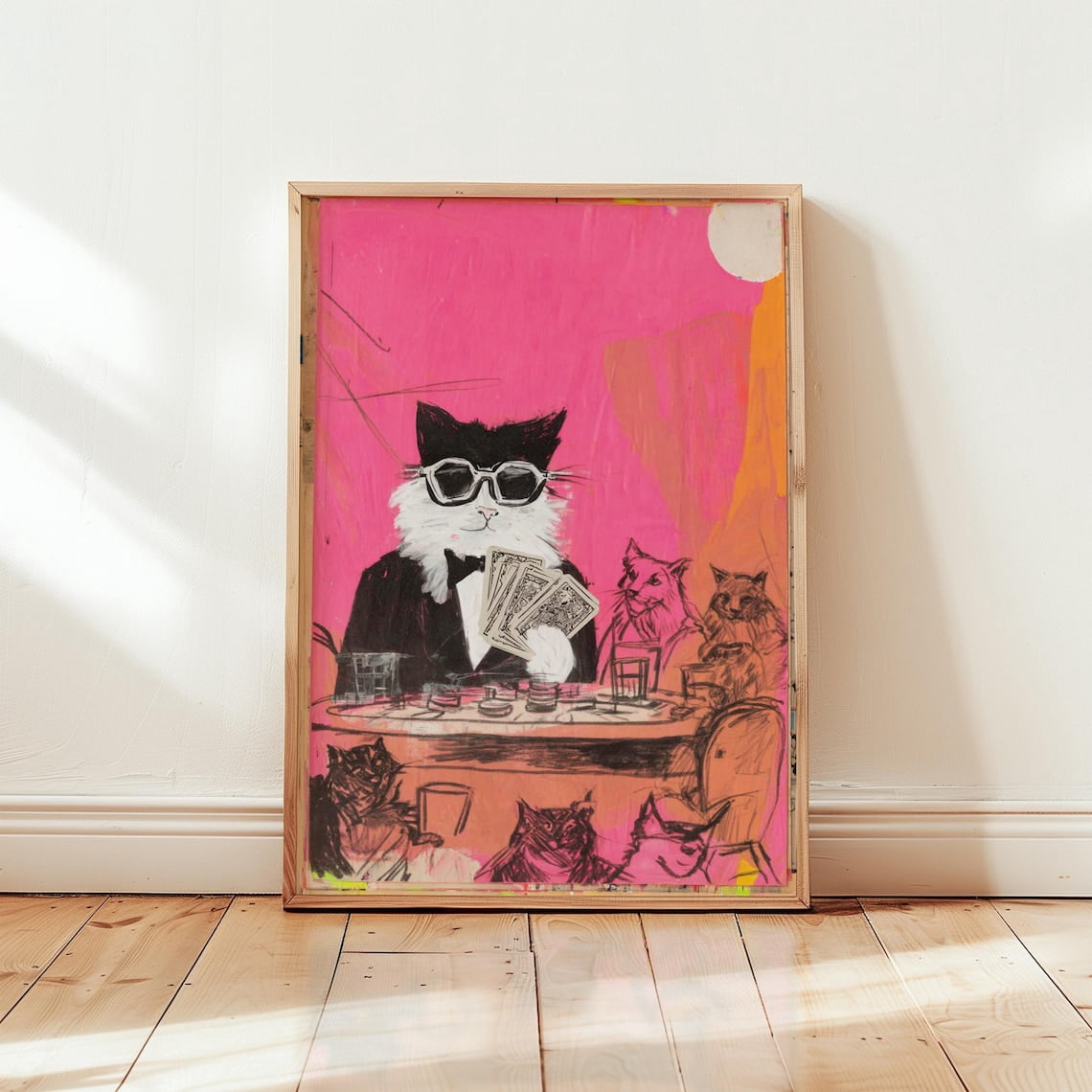 Cat Poker Pink Background Feline Illustration Modern Wall Art ...