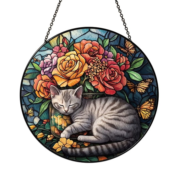 Cat Poppy Flower Botanical Landscape Stained Glass Style Window Hanging ...