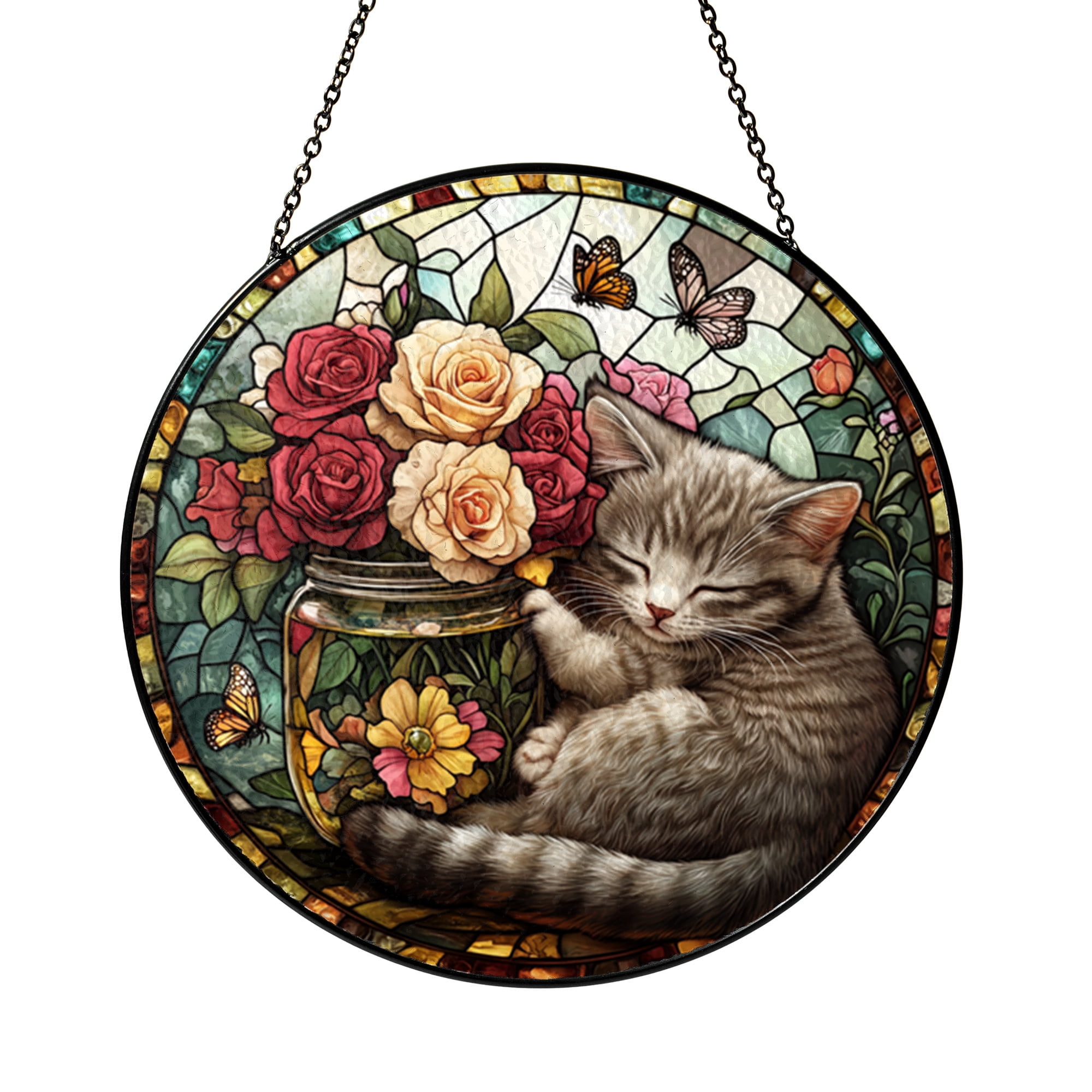Cat Poppy Flower Garden Stained Glass Style Window Suncatcher Hanging ...