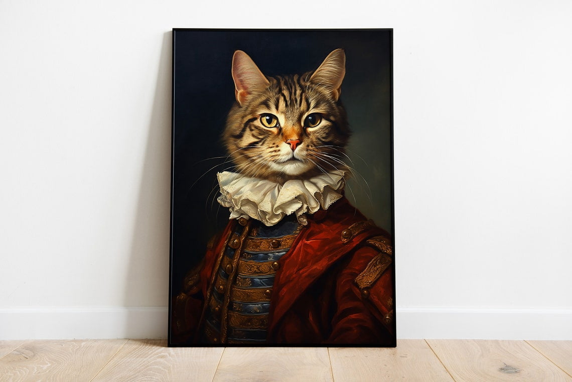 Cat Portrait Art Print, Renaissance Cat Oil Painting, Animal Head Human ...