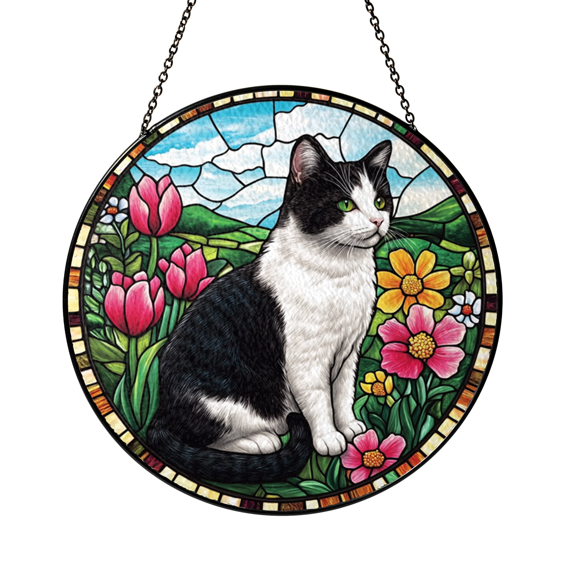 Cat Portrait Stained Glass Style Suncatcher Window Hanging Decor ...
