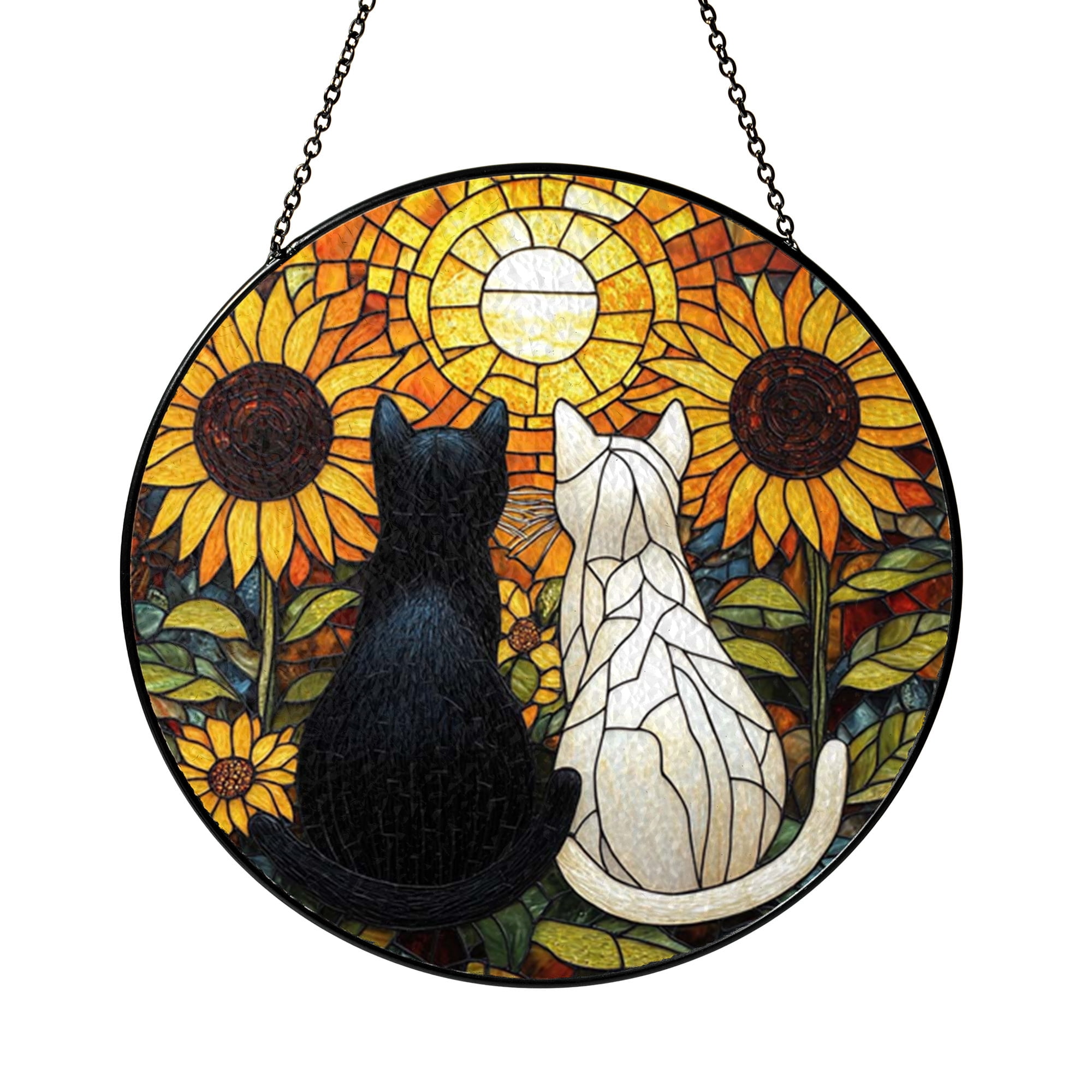 Cat Portrait with Sunflower Design Stained Glass Style Window Hanging ...
