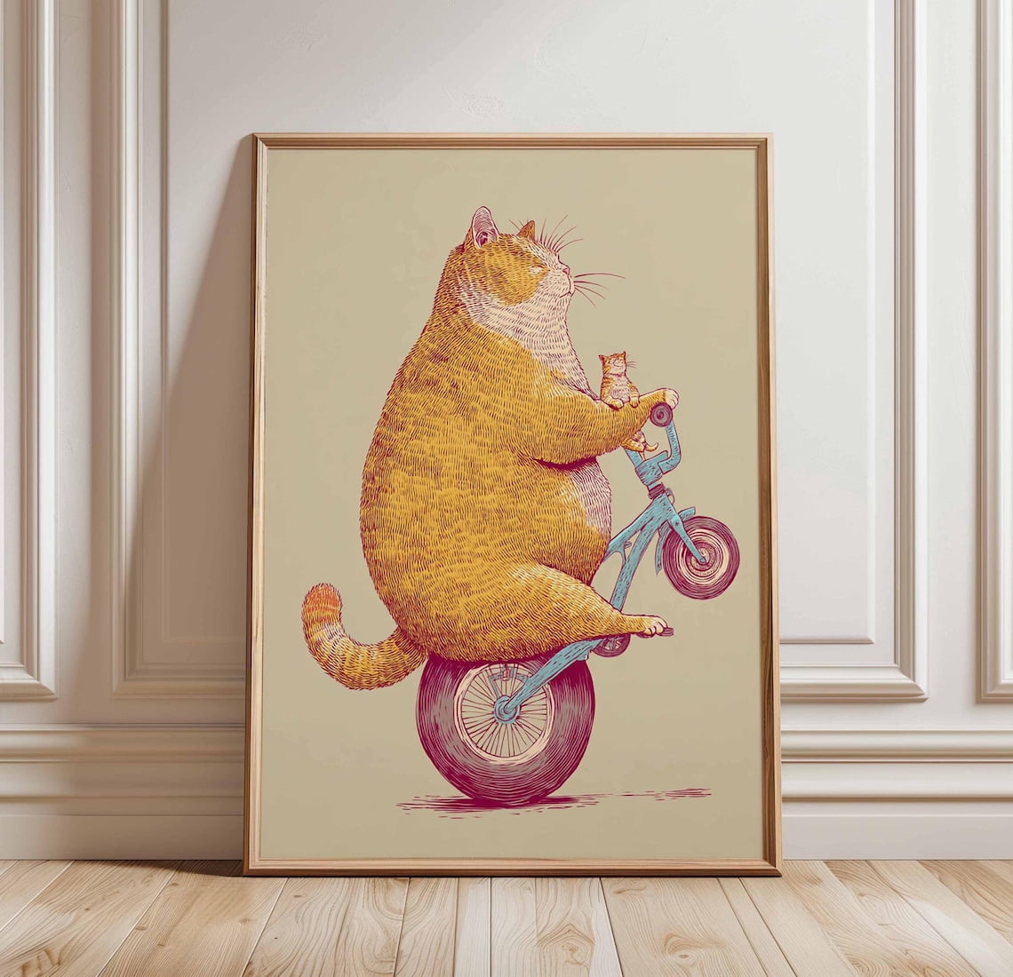 Cat Poster Chubby Cat Wall Art Unicycle Cat Whimsical Animal Decor ...
