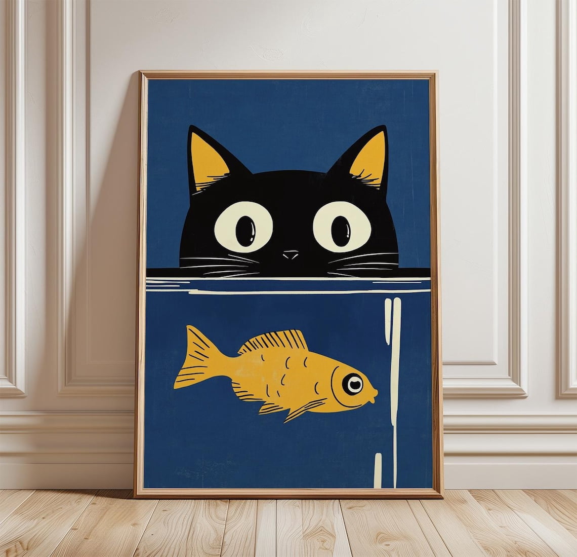 Cat Poster Cute Animal Wall Art Cat Fish Bowl Minimal Cartoon Art ...