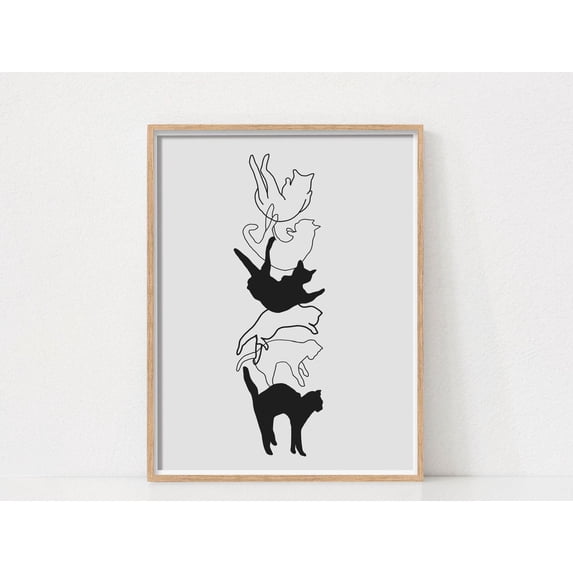 Cat Poster Falling Black And White Wall Art Lover Line Mom Abstract ...
