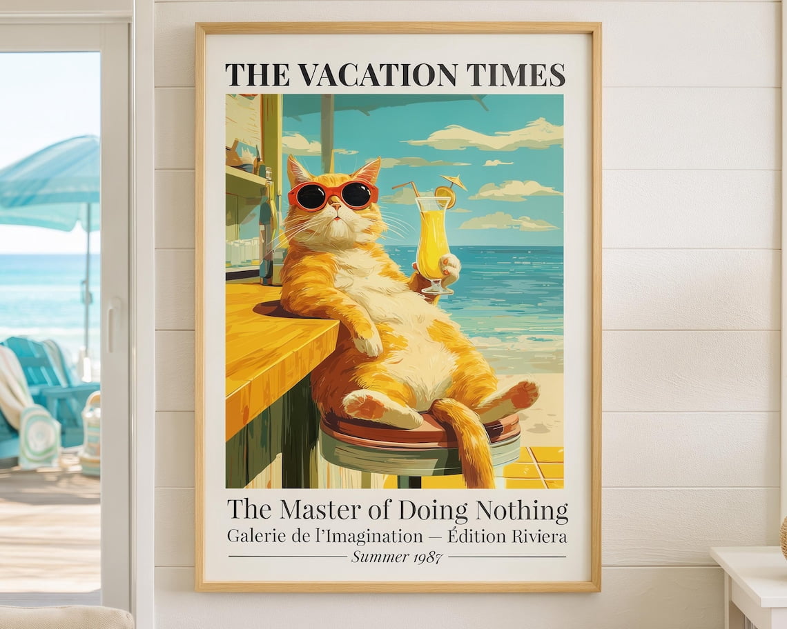 Cat Poster Vintage Seaside Sunglasses Cat Coastal Wall Decor Frame ...