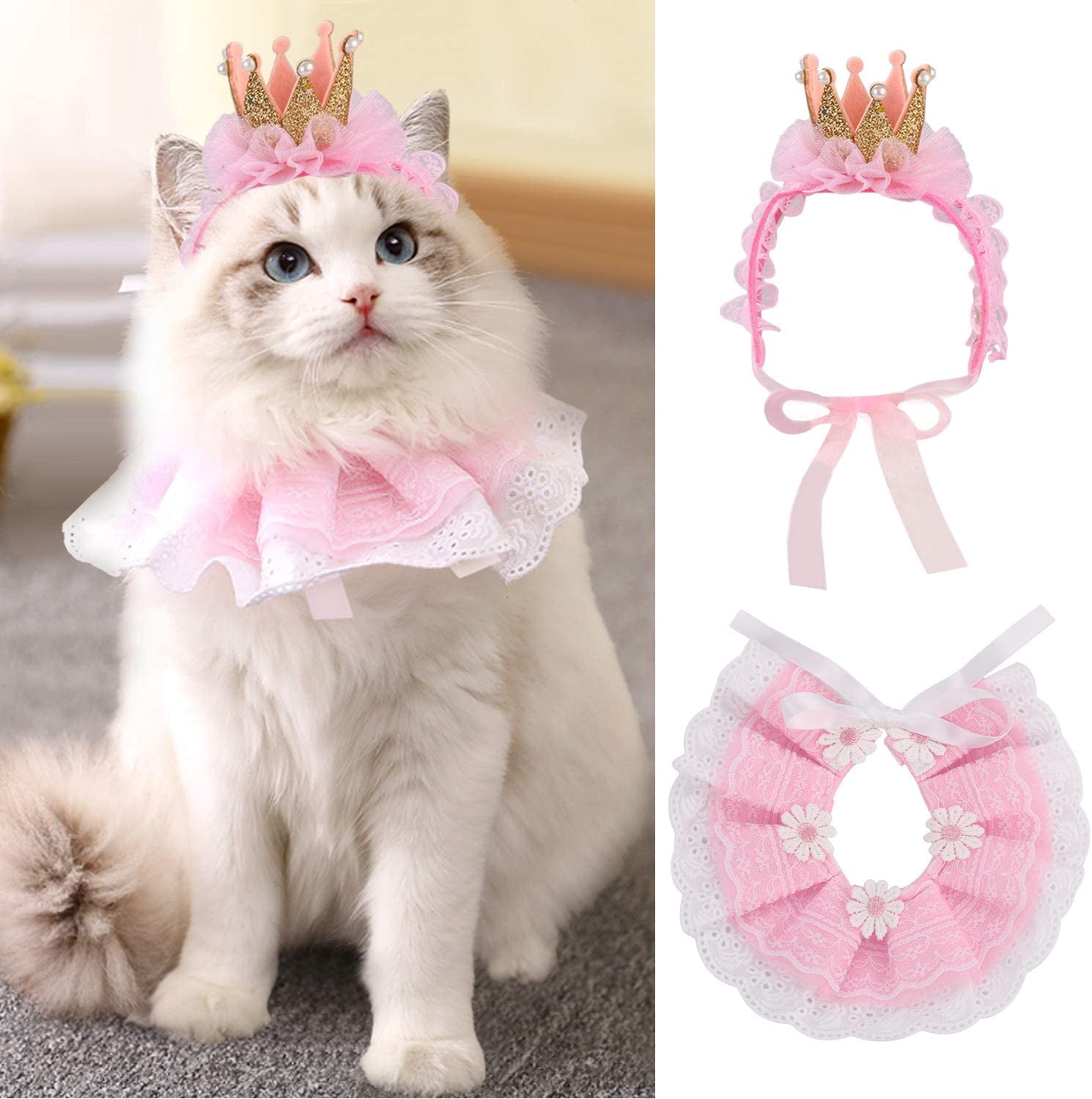 Cat Princess Costumes Pink Cat Crown Hat & Pink Lace Bandana Scarf Set ...
