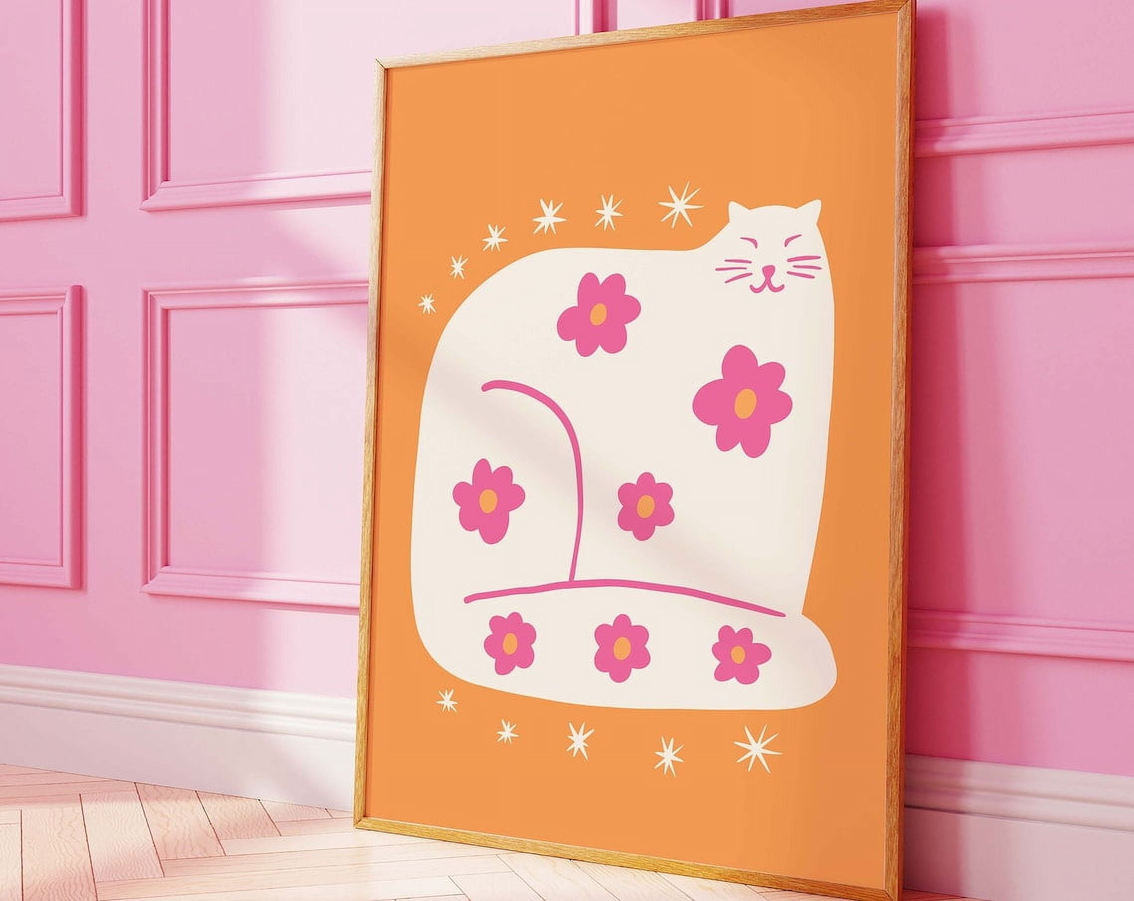 Cat Print, Art, Pink Orange Cat Wall Decor, Funky Kitten Wall Art, Cat ...