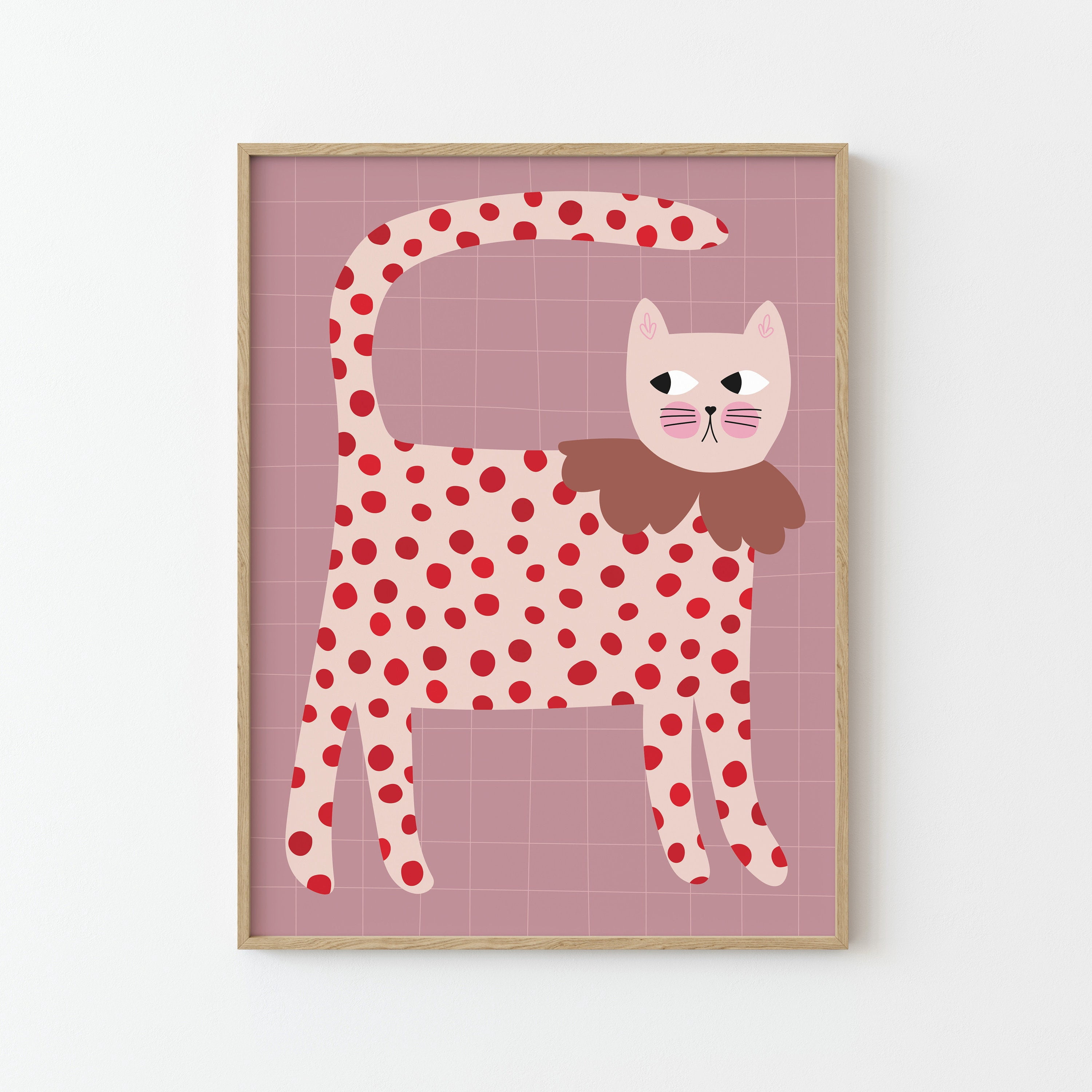 Cat Print – Colorful Nursery Wall Art Decor For Kids, Red Polka Dots ...