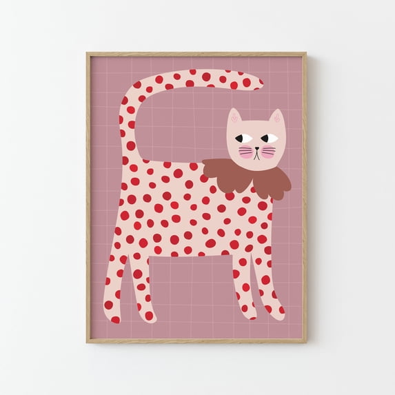 Cat Print – Colorful Nursery Wall Art Decor For Kids, Red Polka Dots ...
